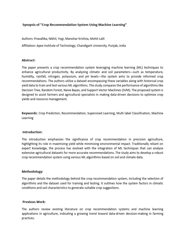 Synopsis of 1st Paper Crop Recommendation System Using Machine Learning ...