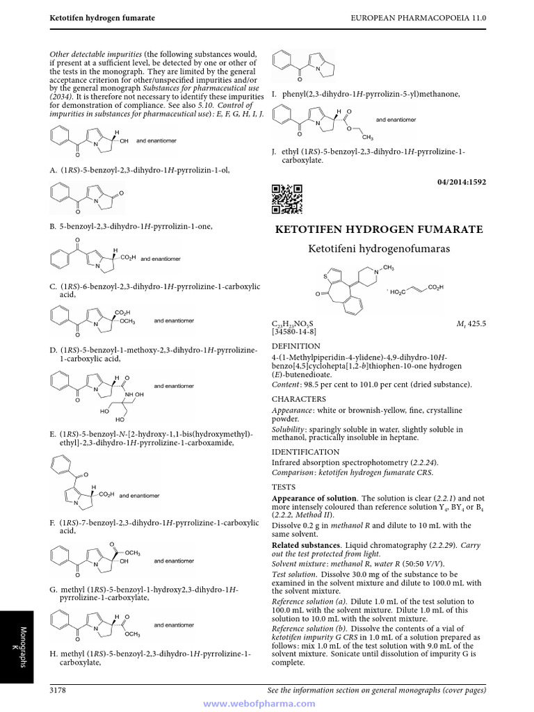 Ketotifen Hydrogen Fumarate Monograph | PDF | Mixture | Solvent