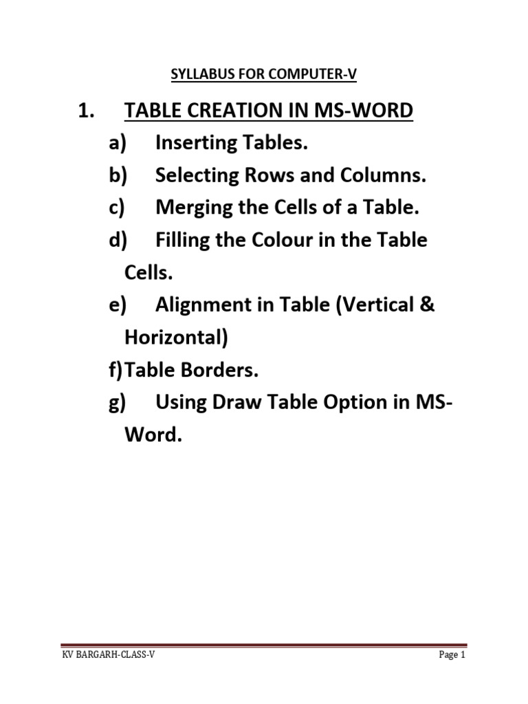 Table Creation in Ms Word 1 Class V | PDF | Microsoft Word | Computing