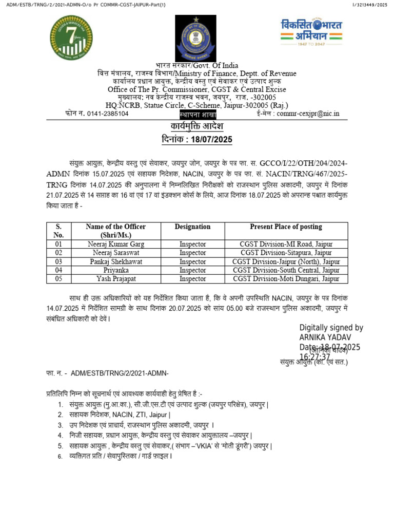 Relieving Order Dated 18.07.25 of Inspectors For Induction Training | PDF