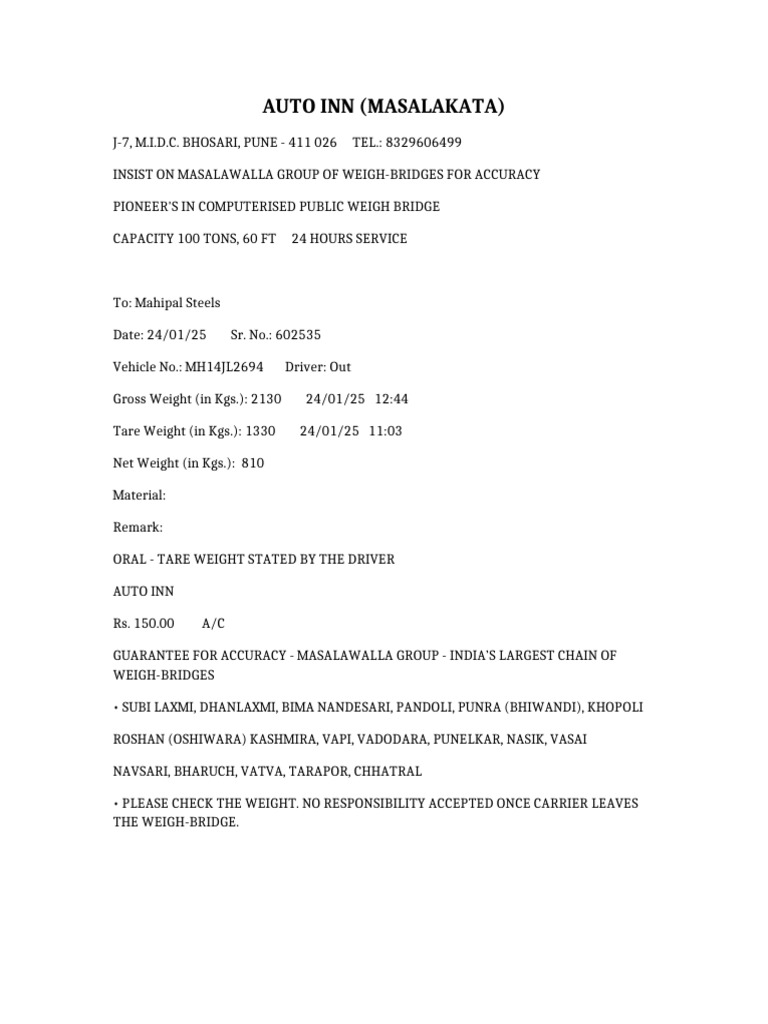 Weighbridge Receipt Format for Trucks | PDF