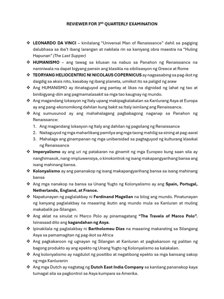 Pointers For 3rd Quarterly Examination | PDF