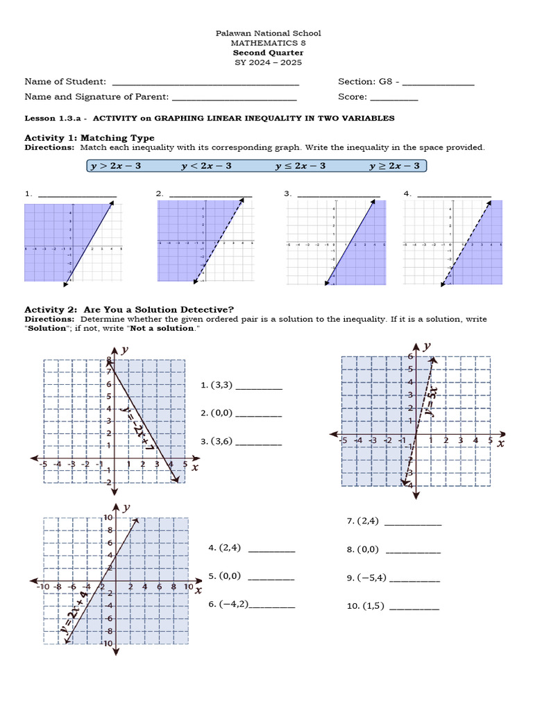 Graphing Linear Inequalities Activity | PDF | Equations | Inequality ...