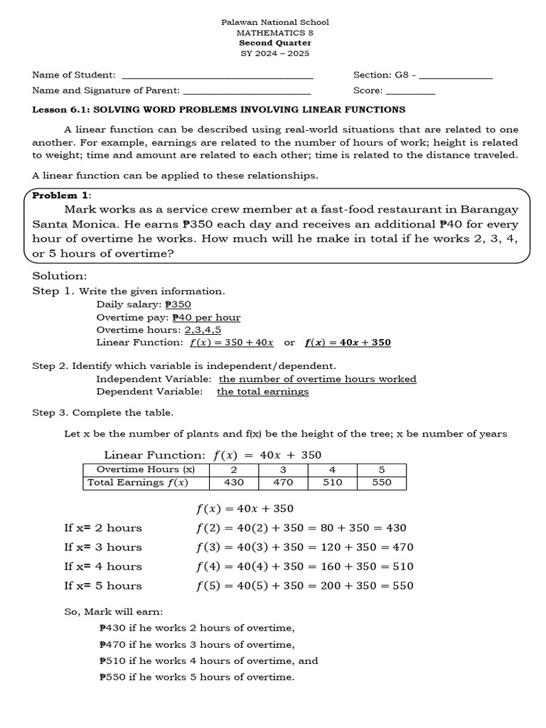 L 6.1 Solving Word Problems Involving Linear Functions For Printing ...