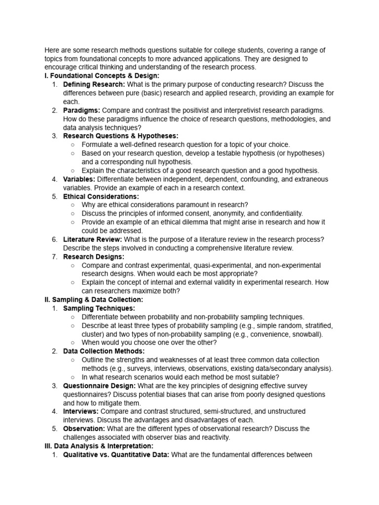 Research Methods Questions For College Students | PDF | Statistics ...