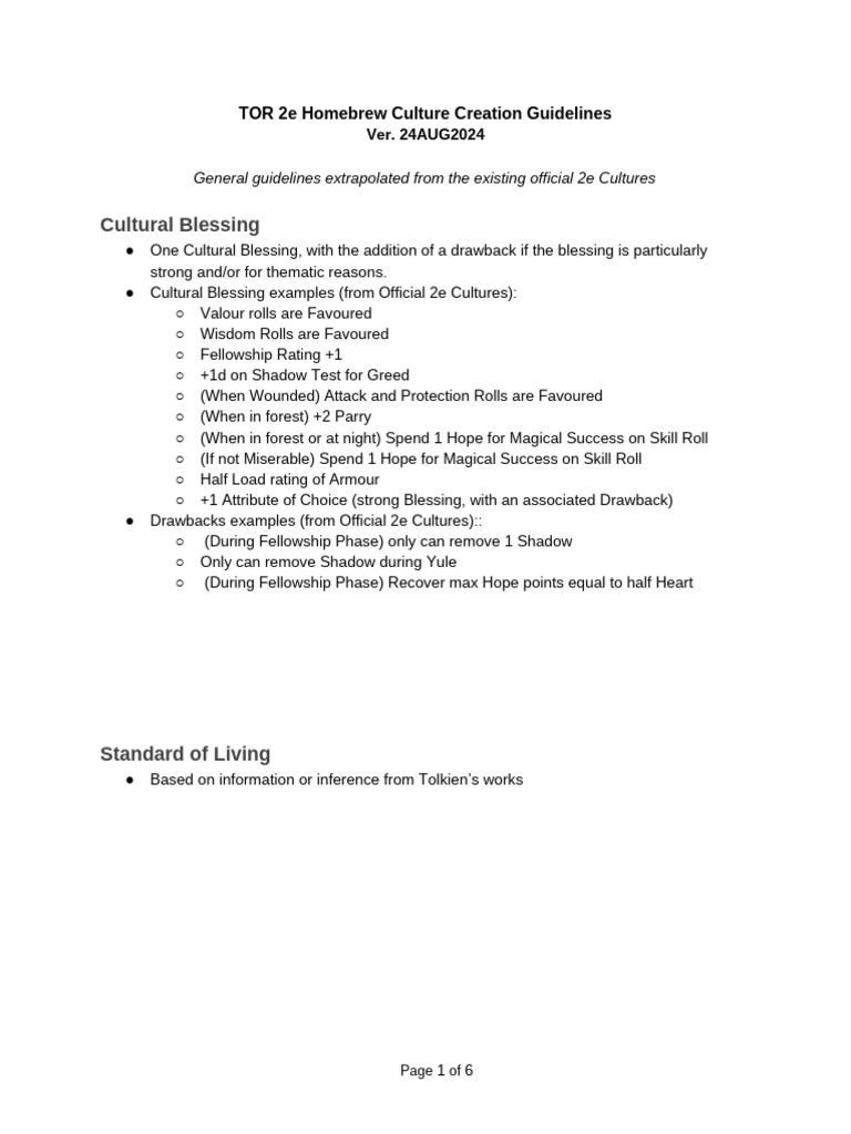 TOR 2e Homebrew Culture Guidelines | PDF | Middle Earth | Fantasy