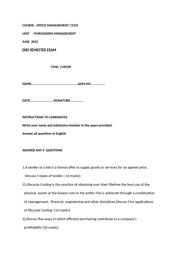 Purchasing Management End Exam | PDF