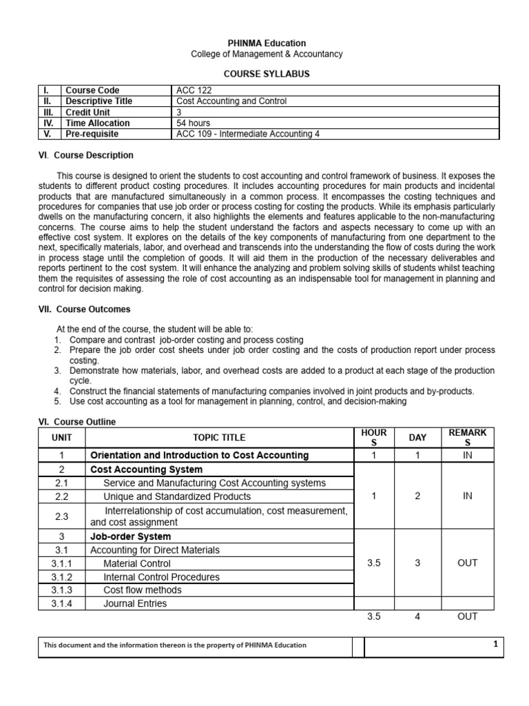 ACC 122 Cost Accounting and Control | PDF | Inventory | Cost Accounting