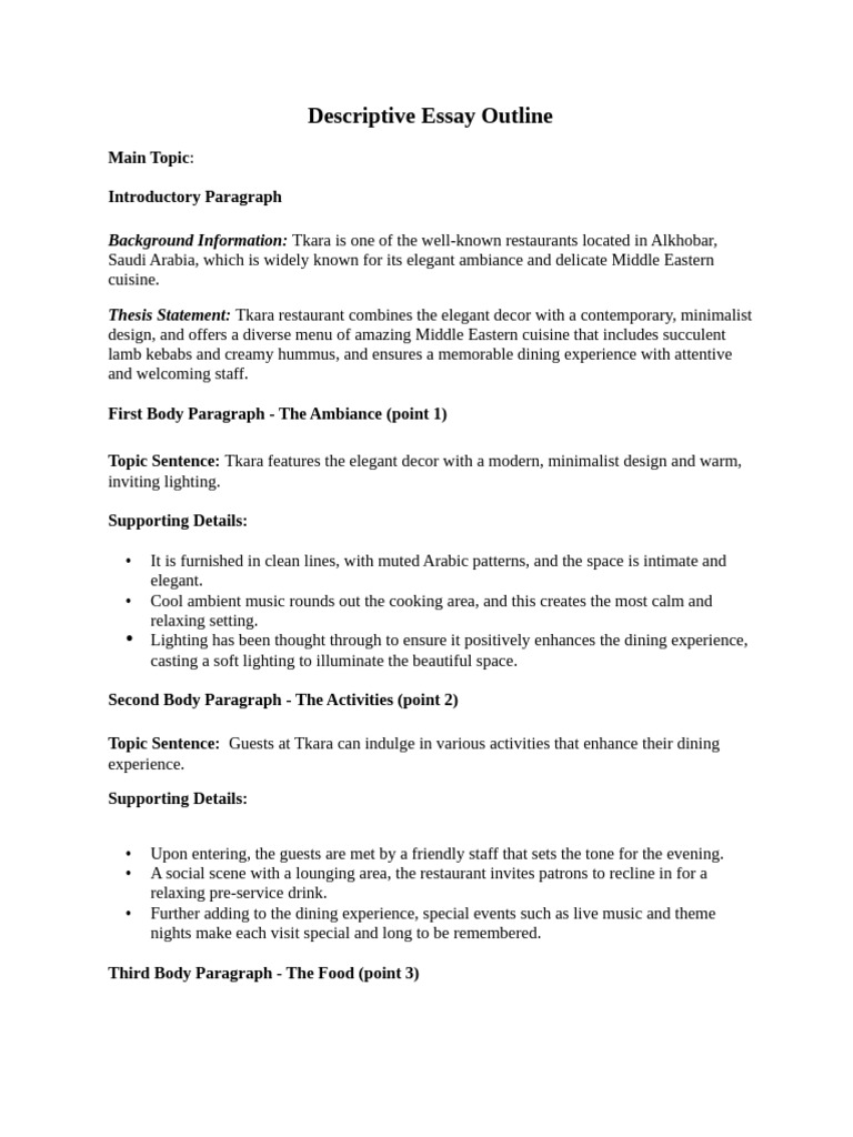 Assign 1 Descriptive Essay Outline Template | PDF | Restaurants ...