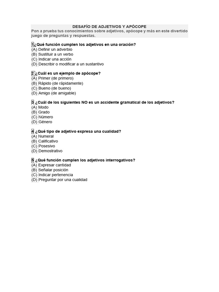 Desafío de Adjetivos y Apócope 2.2 | PDF
