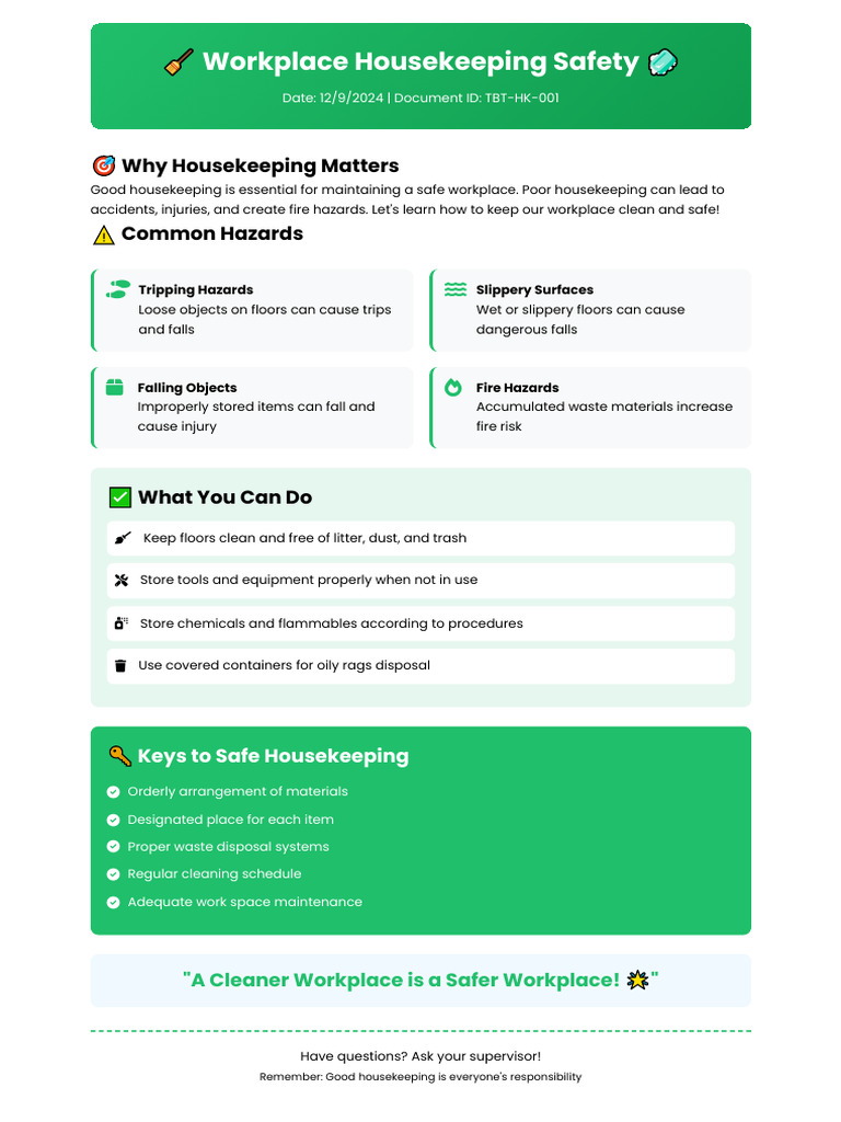 Housekeeping Safety Toolbox Talk | PDF