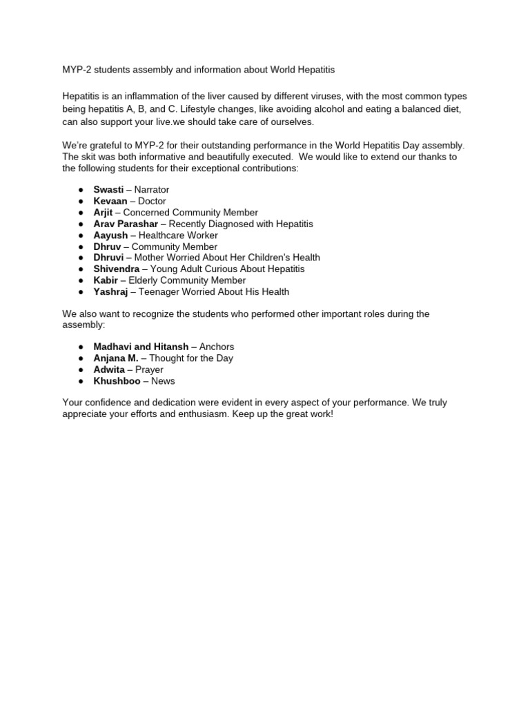 MYP-2 Students Assembly and Information About World Hepatitis.2 | PDF