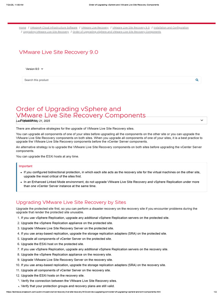 Order of Upgrading VSphere and VMware Live Site Recovery Components | PDF | V Mware | Computing