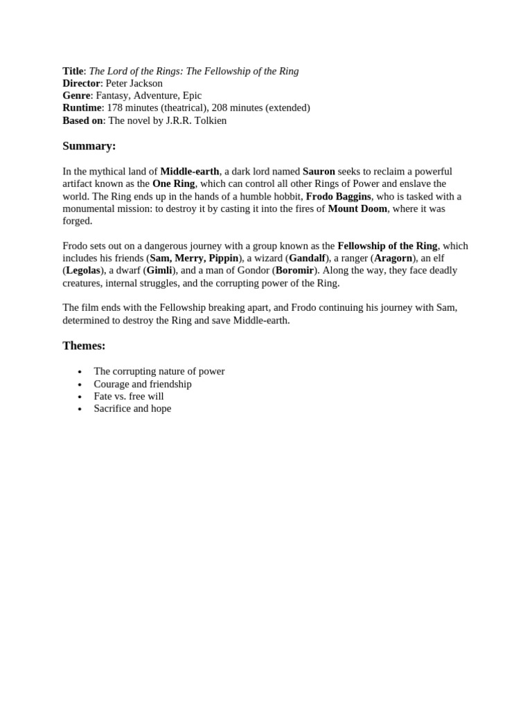 Fellowship of the Ring Summary | PDF