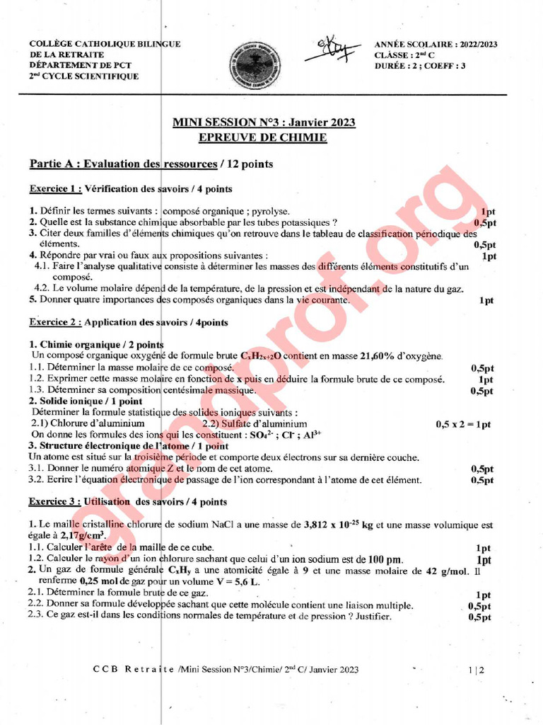 Chimie 2ndec Mini Session3 College Bilingue Retraite Janvier 2023 | PDF