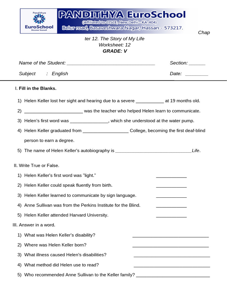 Eng Worksheet - 12 (Grade 5) | PDF | Helen Keller