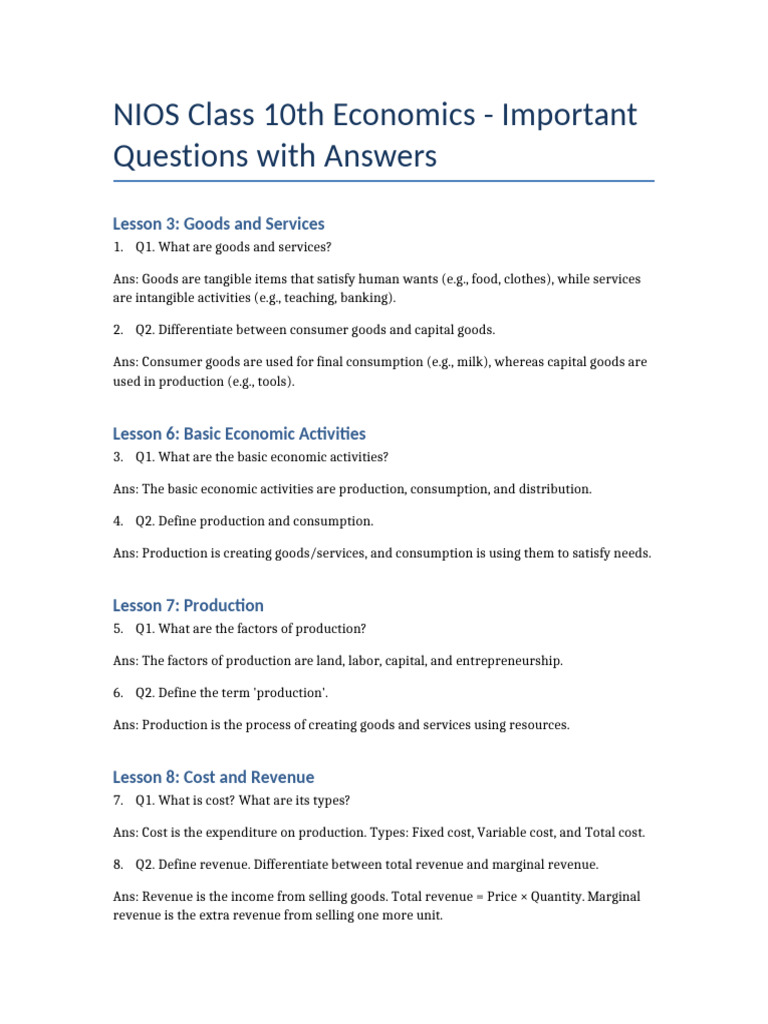 NIOS Class 10 Economics Important QA | PDF | Goods | Demand