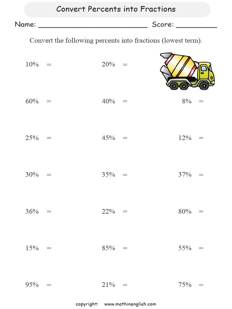 Convert Percents to Fractions Worksheet | PDF