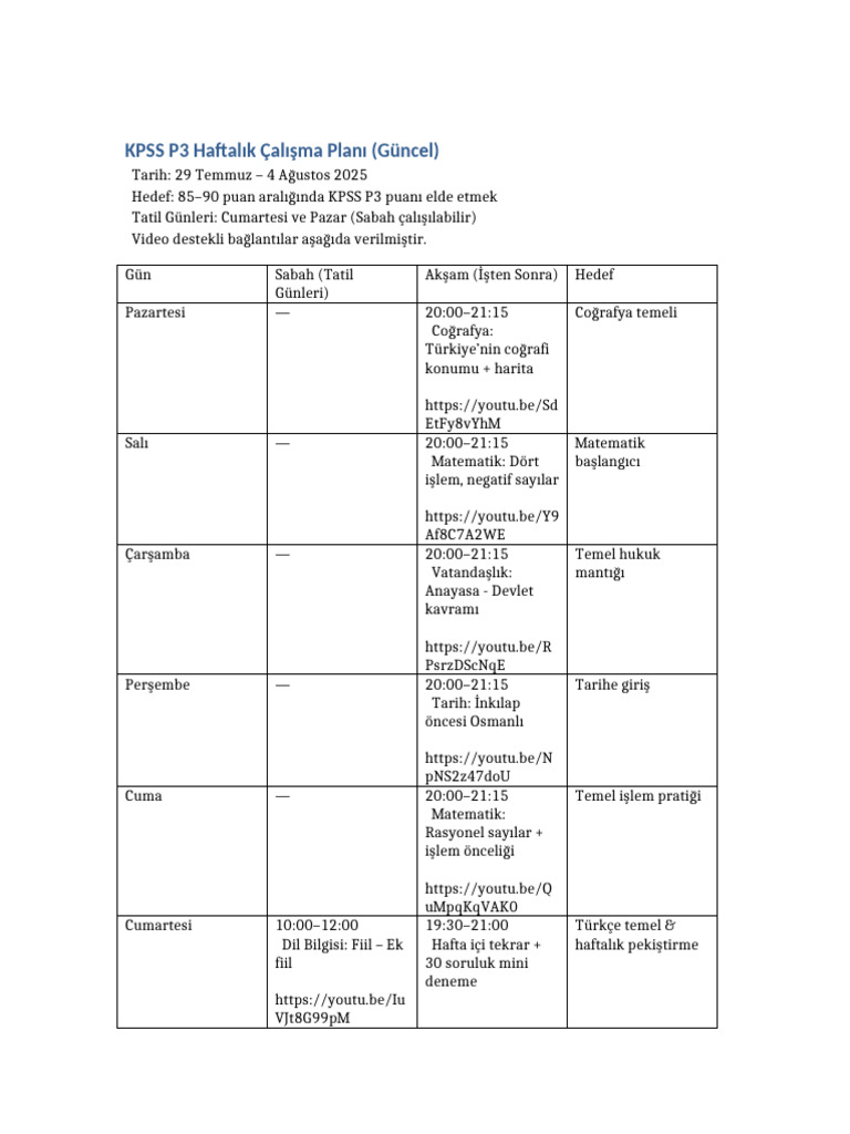 KPSS Haftalık Plan Guncel Gulsum | PDF
