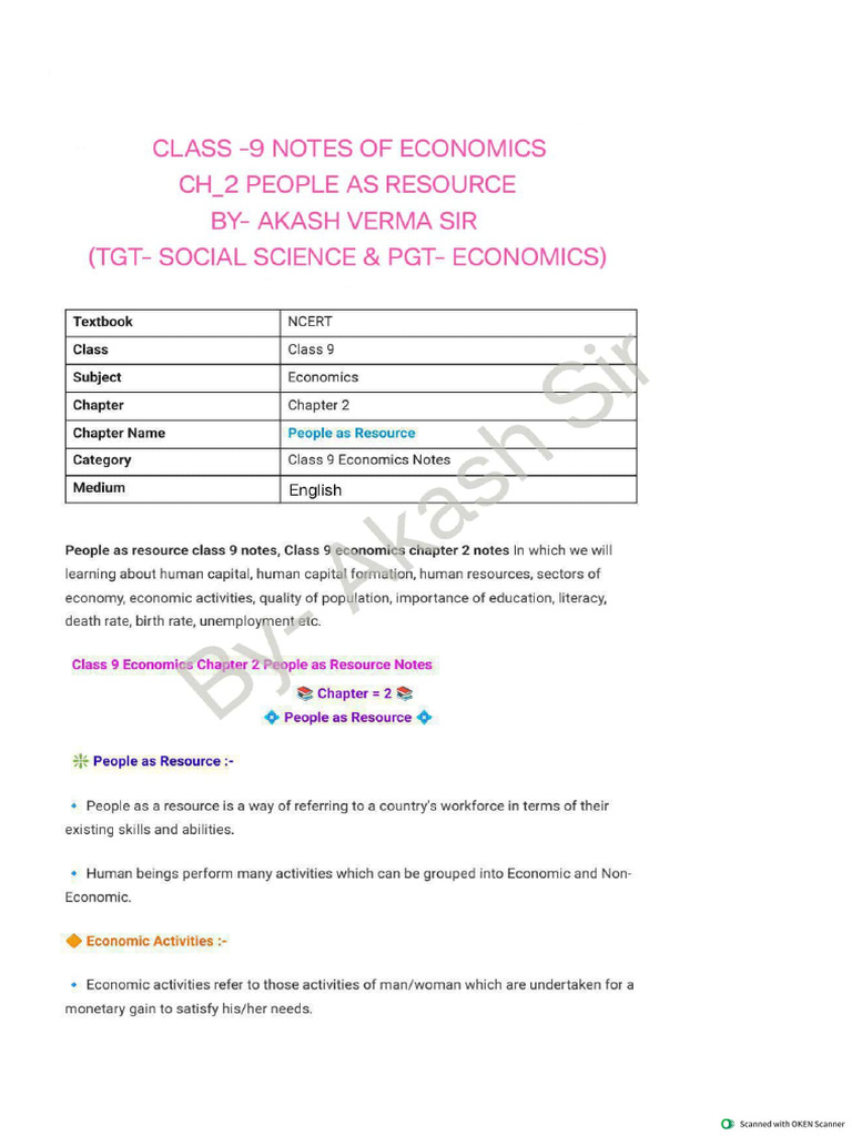 CH - 2 People As Resource, Class 9 Economics Notes | PDF