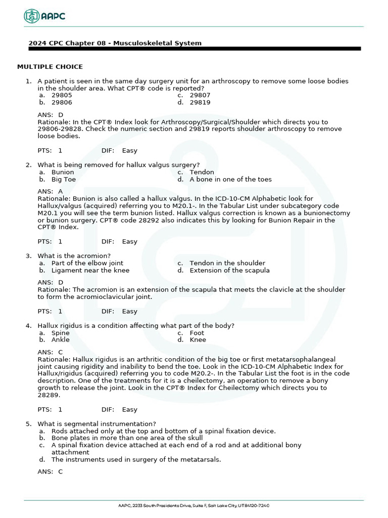 2024 CPC Chapter 08 - Musculoskeletal System - Answer - Key | PDF ...