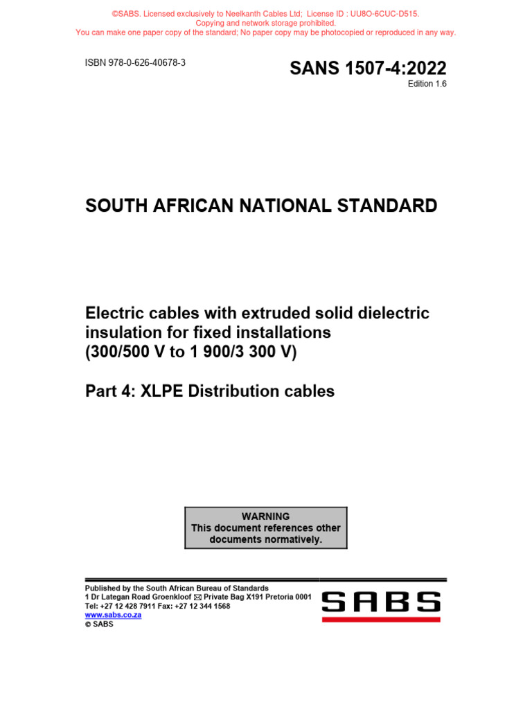 SANS 1507-4:2022 XLPE Cable Standards | PDF | Insulator (Electricity ...