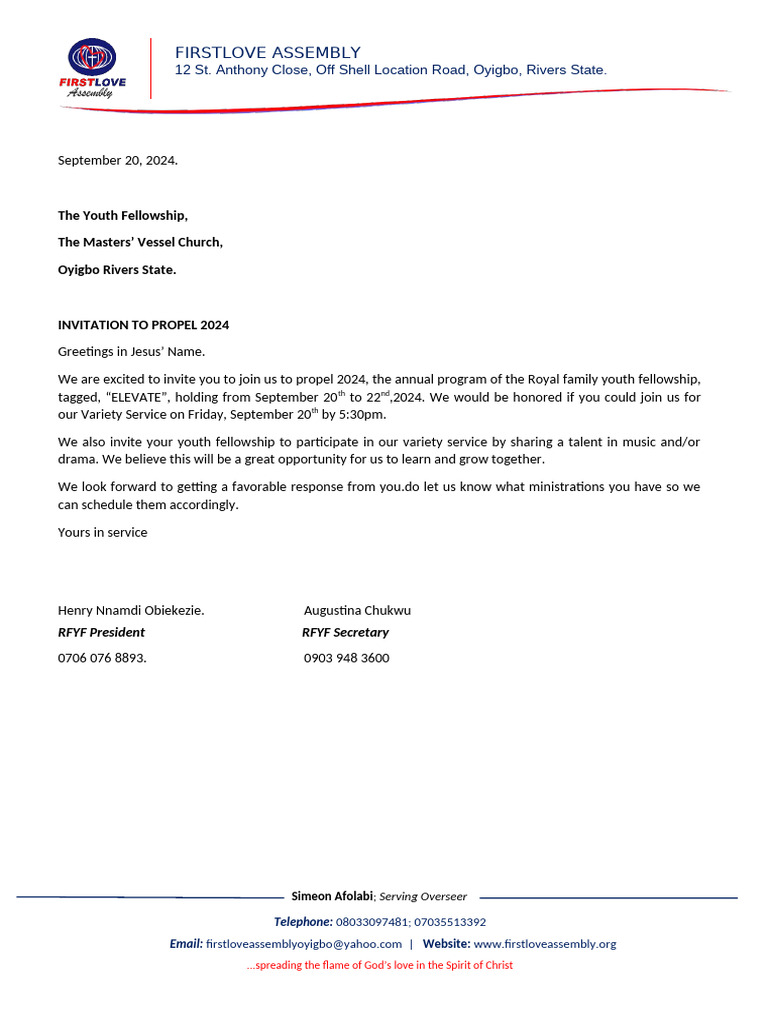 Letter of Invitation RFYF For Masters Vessel Church | PDF