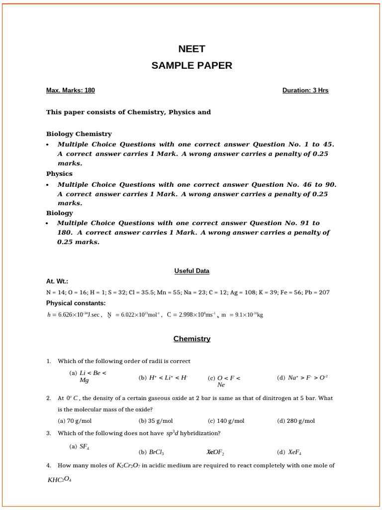 NEET Sample Question Paper With Answer Keys 2nd | PDF | Rna ...