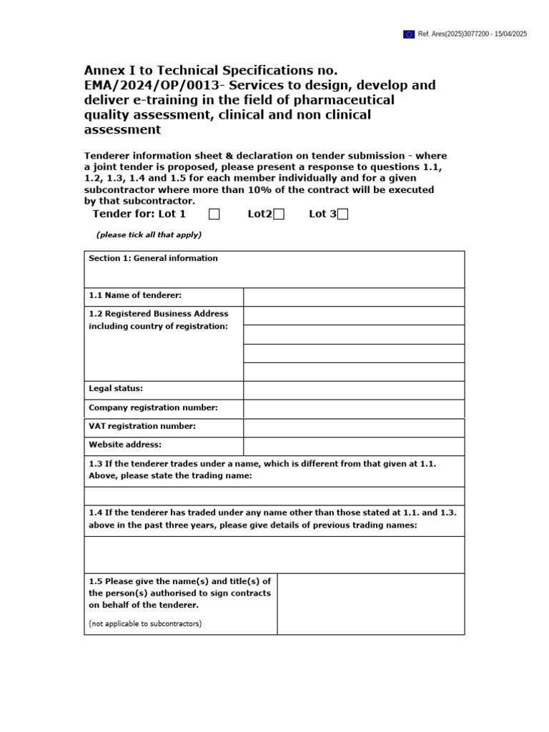 EMA-2024-OP-0013 - Annex I - Tenderer Information Sheet & Declaration On Tender Submission - V1 ...