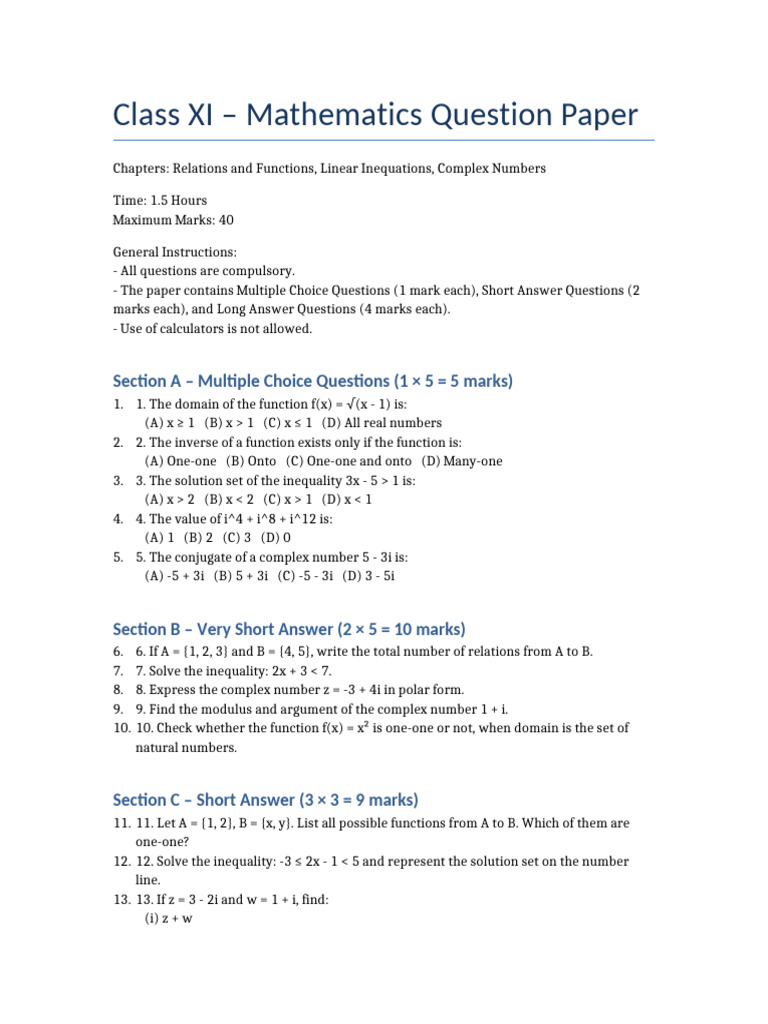 Class XI Mathematics Question Paper | PDF
