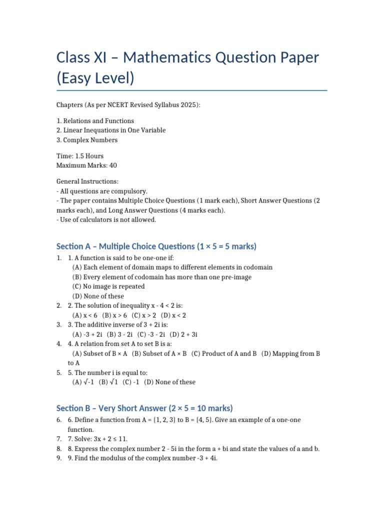 Class XI Mathematics Question Paper Easy Level | PDF