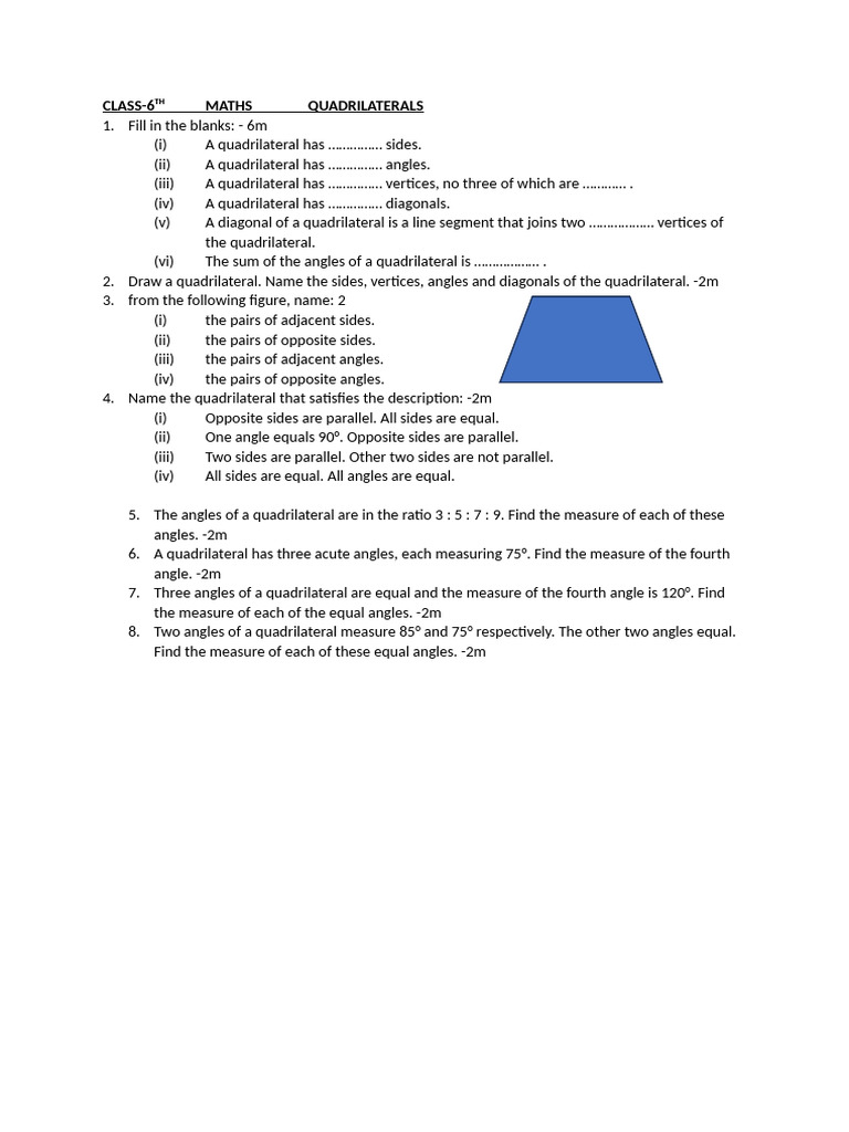 Class 6 Quadrilaterals Worksheet | PDF