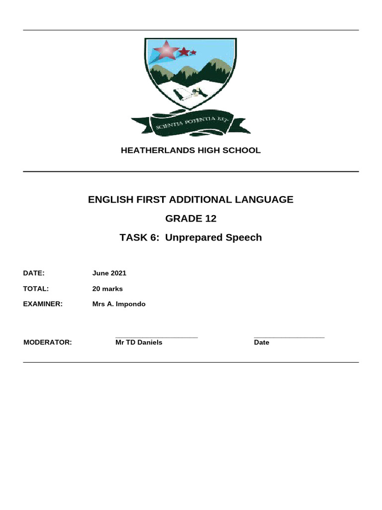 gRADE 12 Task 5 Unprepared Speech (1) (16601) June 2021 | PDF | Body ...