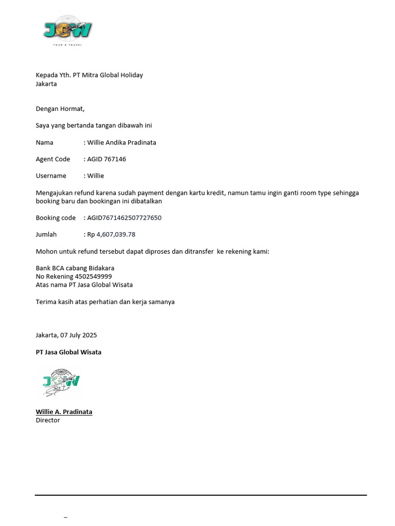 Permohonan Refund Booking Hotel Jakarta | PDF