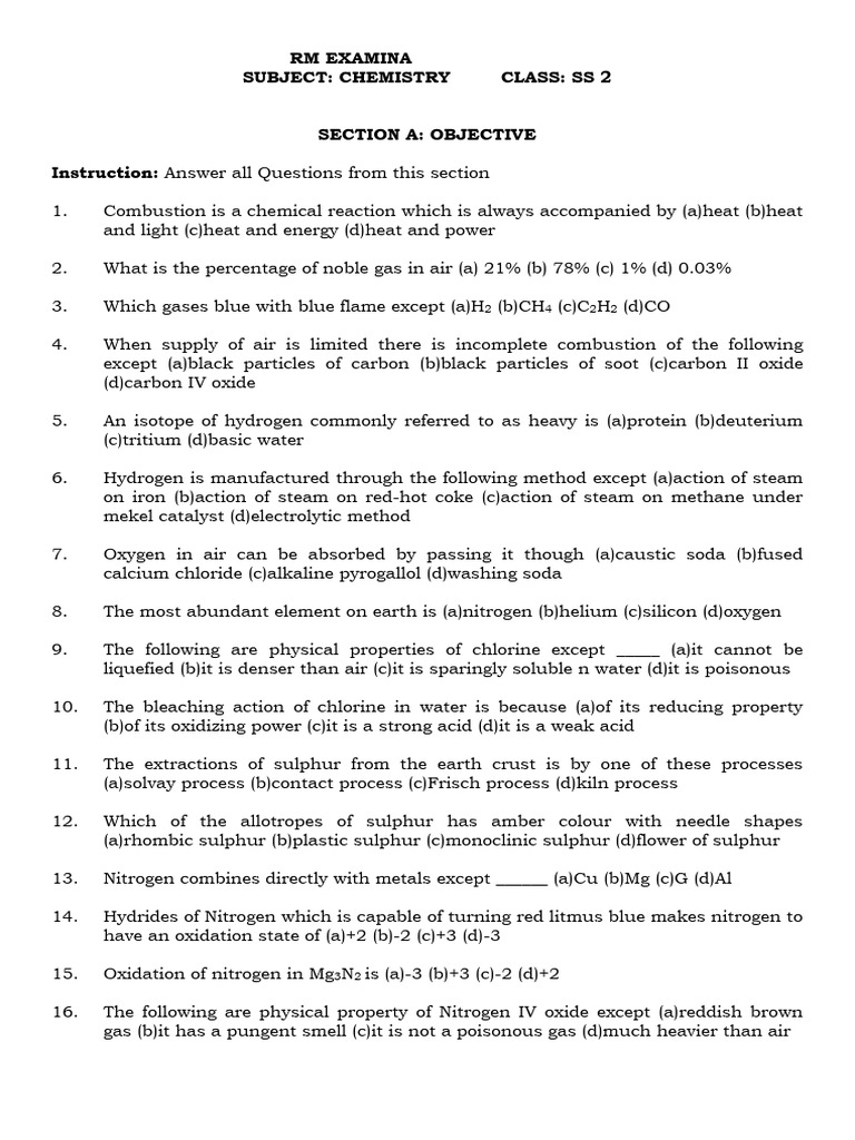 SS2 Chemistry Exam Questions & Answers | PDF | Nitrogen | Hydrogen