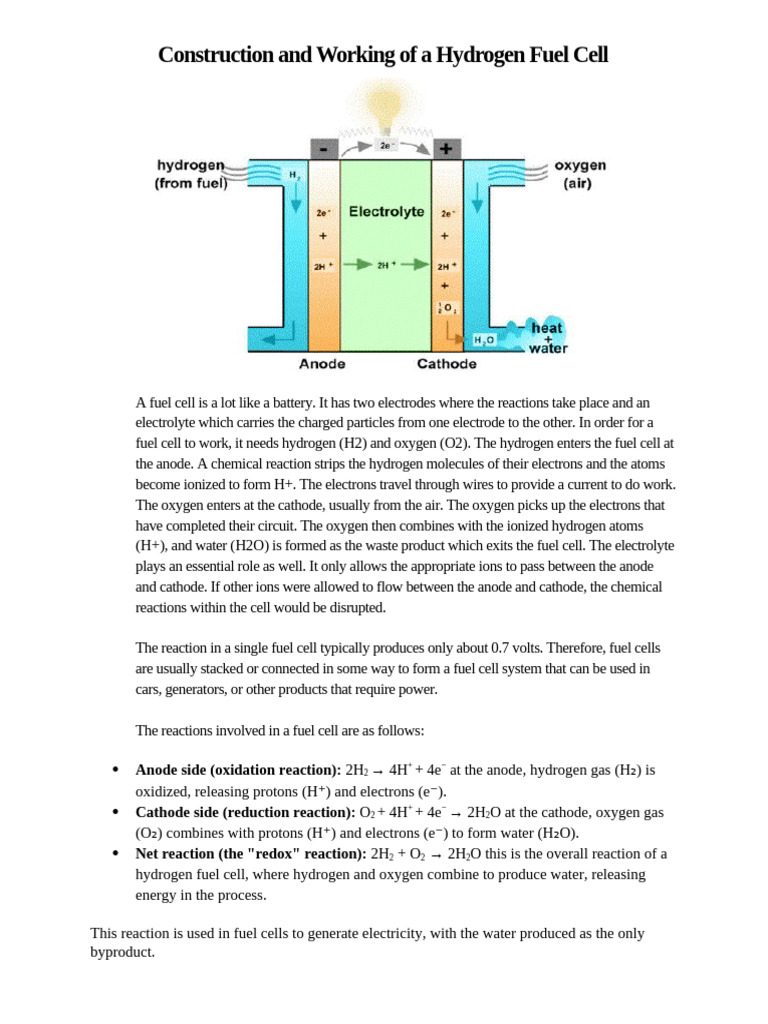 Hydrogen Fuel Cell: Construction & Working | PDF