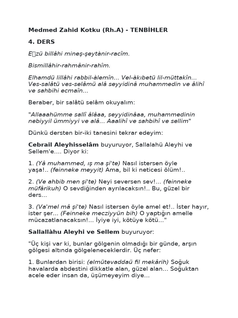 Medmed Zahid Kotku (Rh.a) - TENBİHLER - Ders - 4 | PDF