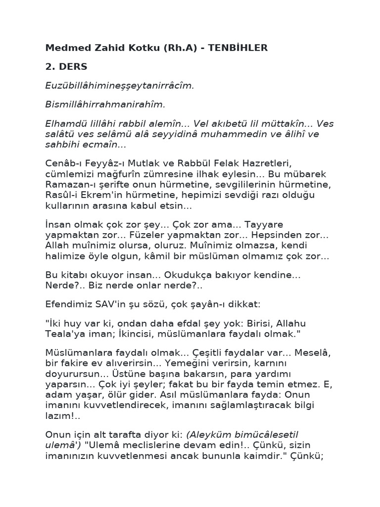 Medmed Zahid Kotku (Rh.a) - TENBİHLER - Ders - 2 | PDF