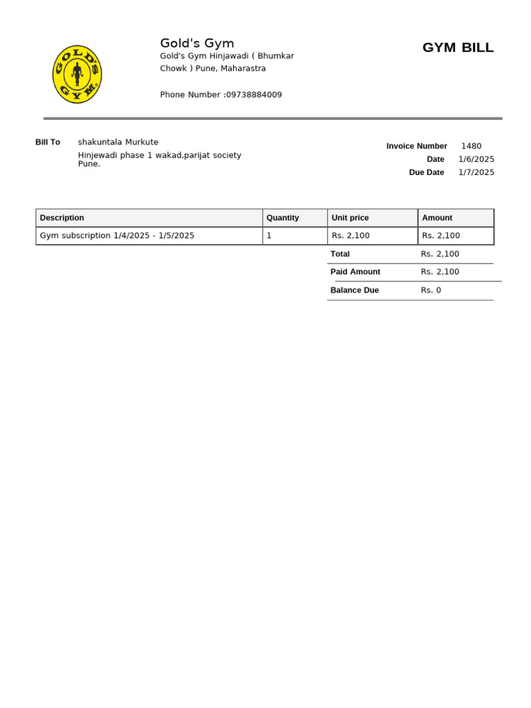 Gold's Gym Invoice for Shakuntala Murkute | PDF