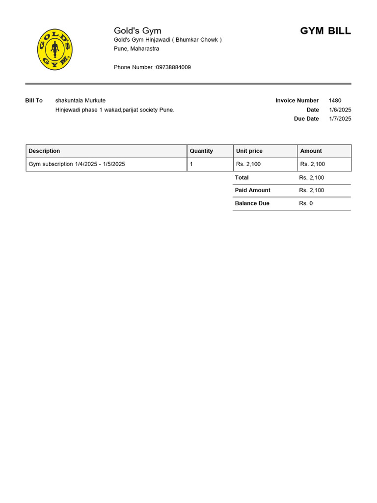 Gold's Gym Receipt for Shakuntala Murkute | PDF