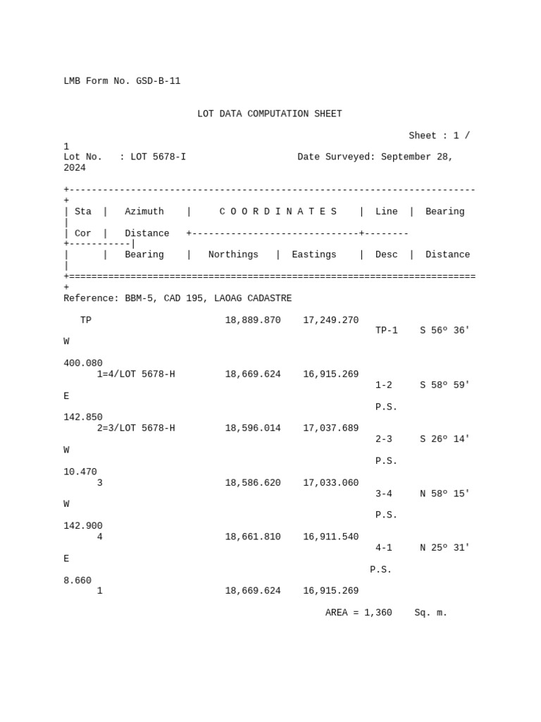 Lot Data Computation for Survey 5678 | PDF | Geographical Technology ...