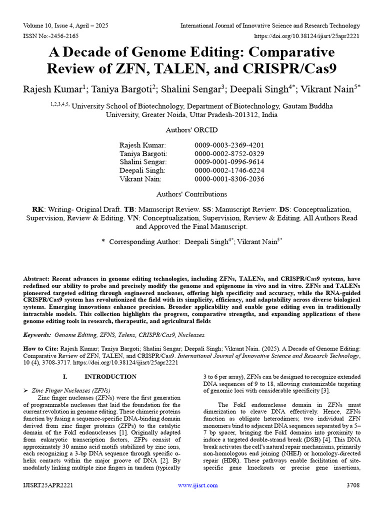 A Decade of Genome Editing: Comparative Review of ZFN, TALEN, and ...