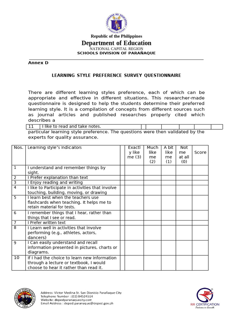 Learning Style Preference Survey | PDF | Learning Styles | Questionnaire