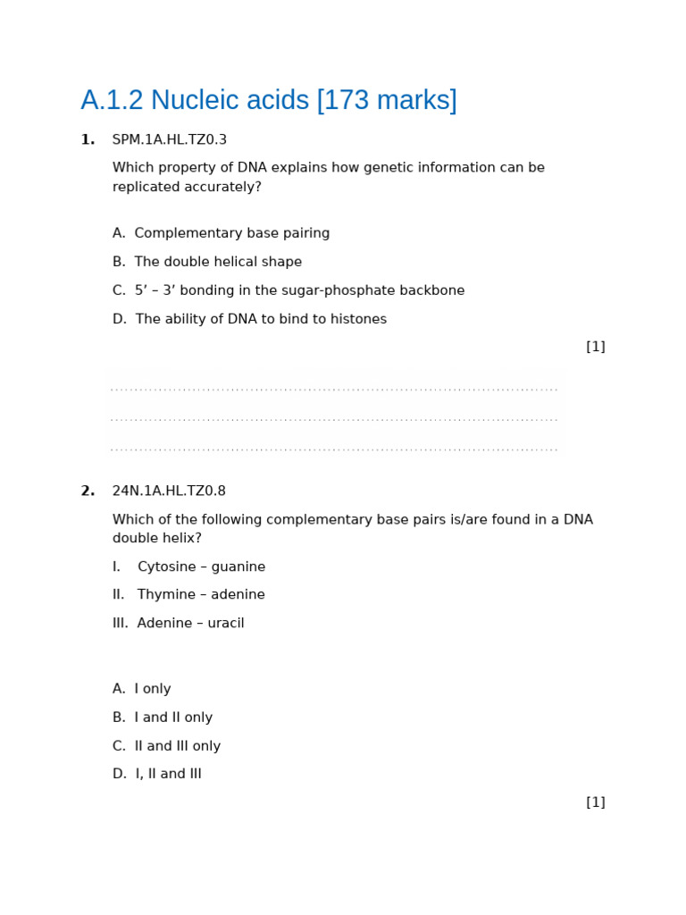 A.1.2 Nucleic Acids Revision Questions | PDF | Dna | Directionality ...