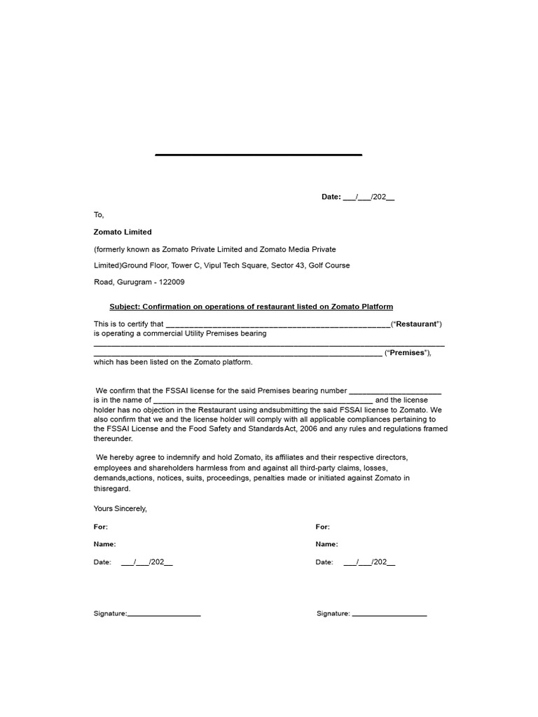 FSSAI NOC Format for Restaurant License | PDF