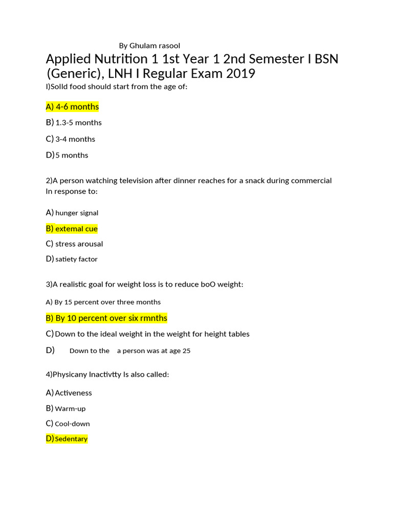 2nd Semester MCQs for Applied Nutrition | PDF | Pregnancy | Diabetes