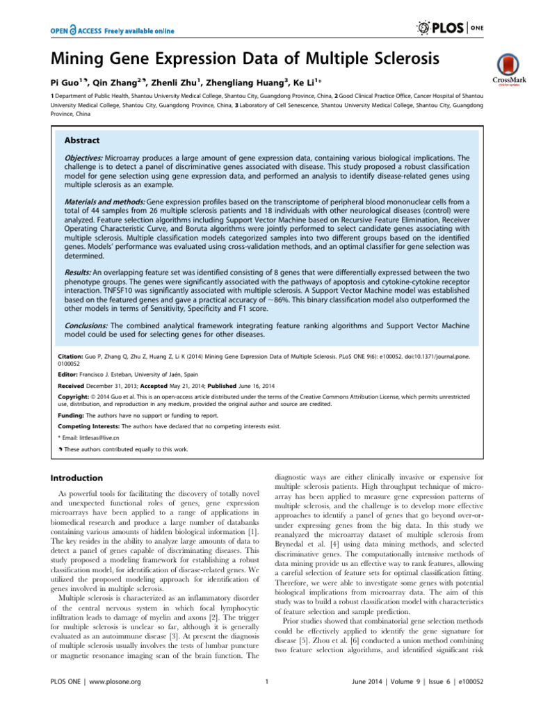 Mining Gene Expression Data of Multiple Sclerosis: Pi Guo, Qin Zhang ...