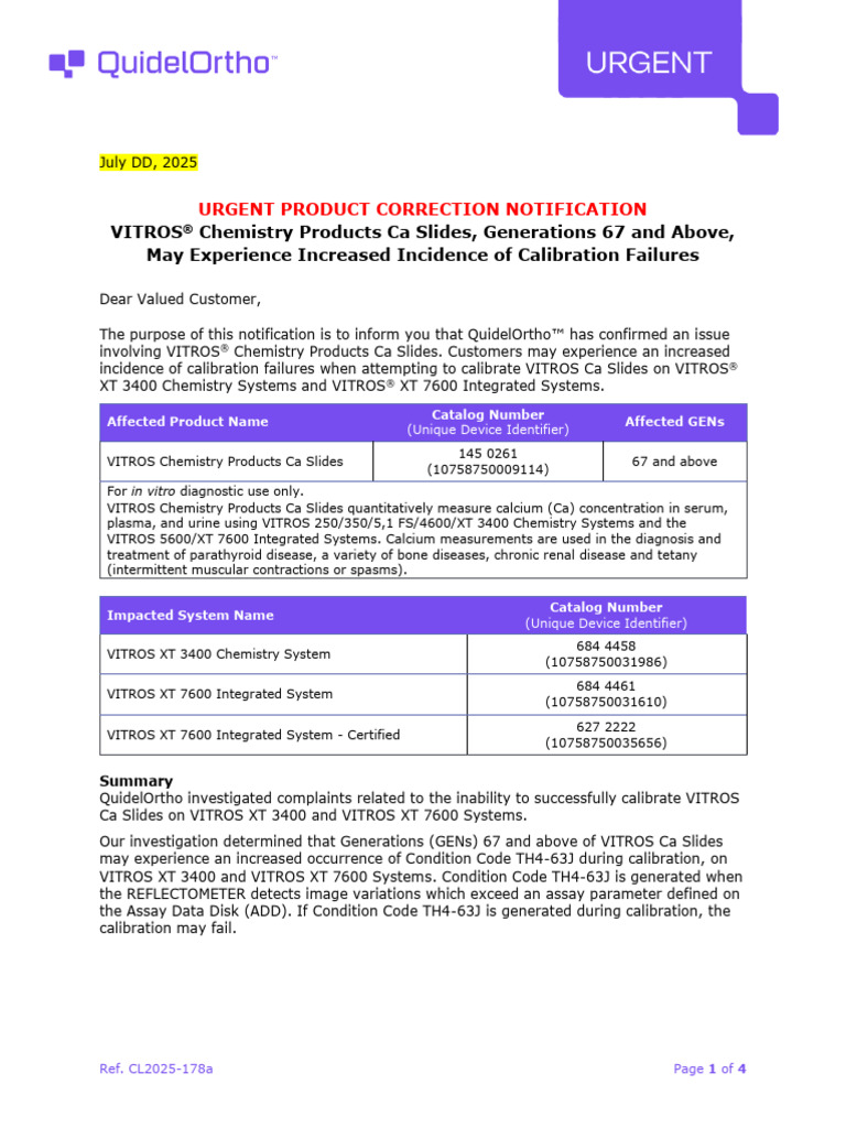 CL2025-178a Calcium On XT-Analyzers | PDF | Calibration | Medical Specialties