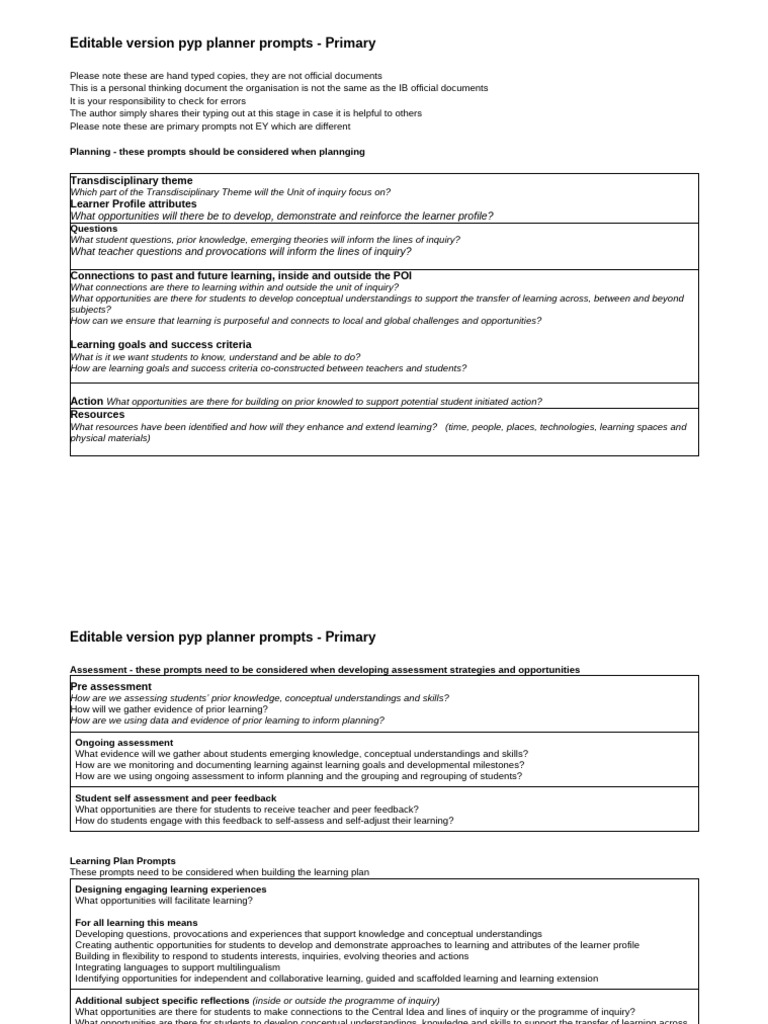 PYP Planner Prompts for Primary Education | PDF | Learning | Teachers
