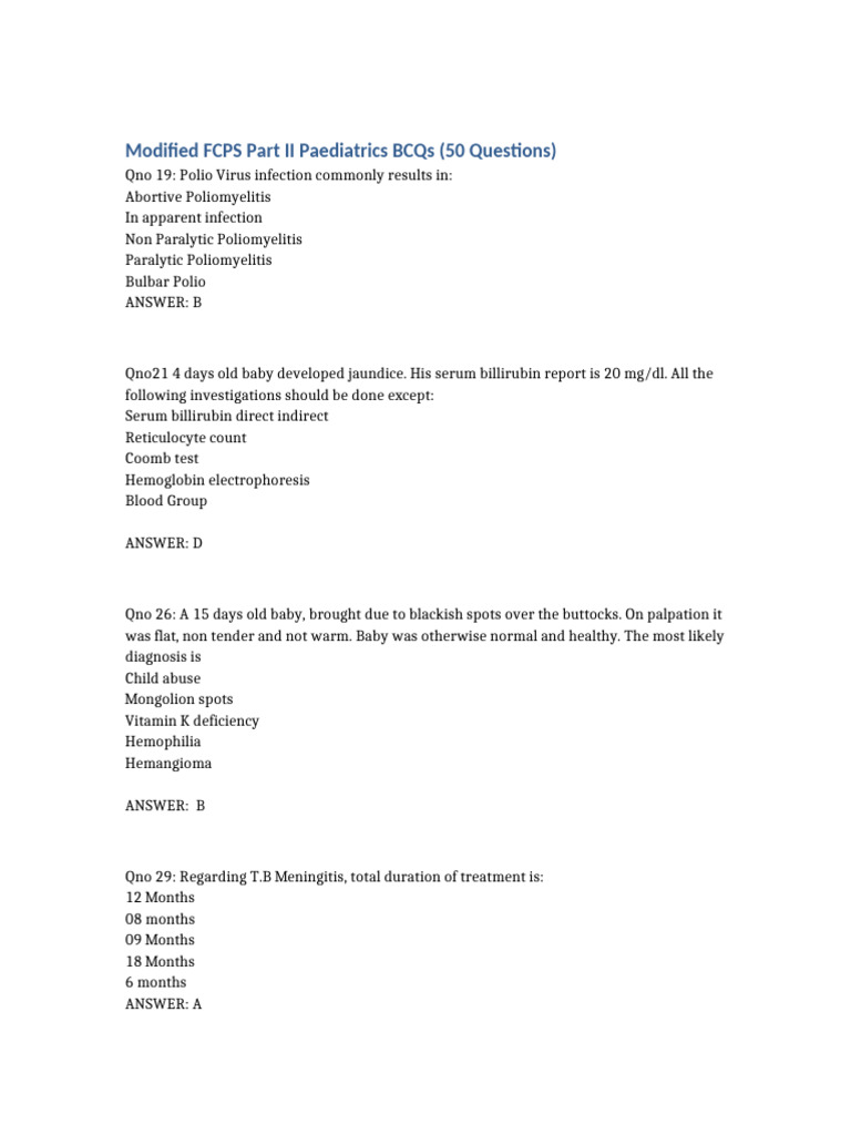 Modified FCPS Paeds BCQs 50 | PDF | Bleeding | Hepatitis